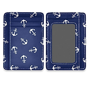 Linomo Thin leather Card Holder and Money Clip Nautical Anchor Pattern Wallet RFID Blocking for Men & Women
