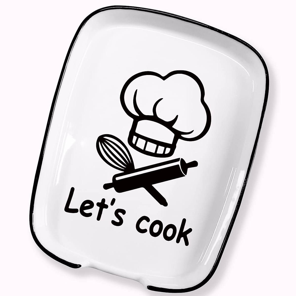 Ceramic Patterned Fork Spoon Rest with Message Let's Cook, Functional Kitchenware Spoon Rest Suitable for Kitchen Countertop or Stove Top Kitchen Accessory and Gift for Cooking Enthusiasts