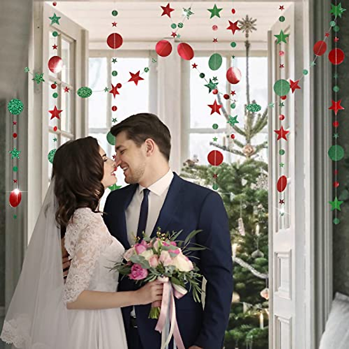 Decor365 Glitter Christmas Star Garland Green Red Decoration Circle Dots Garland Xmas Party Hanging Decor/Streamer/Banner/New Year Eve Celebration/ Christmas Tree/Birthday/Wedding/Baby Shower
