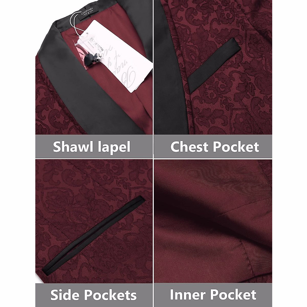 COOFANDY Men's Floral Tuxedo Suit Jacket Dinner Jacket Party Prom Wedding Blazer Jackets, Wine Red, XX-Large