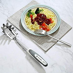 Premium Spaghetti Spoon Server Set - Stainless Steel Slotted Pasta Spoon and Fork with Comfortable Grip Design - Ideal for Serving and Straining Spaghetti, Noodles, and More - Set of 2 With Bonus Gift