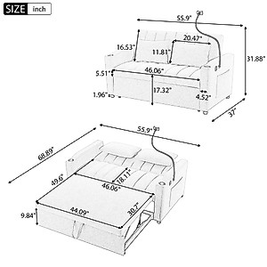 Tdewlye 55.9'' Convertible Sleeper Sofa Bed with 2 Side Pockets, 3 USB Ports, Cup Holders and 360°Swivel Phone Holder, Loveseat Sofa Couch with Pull-Out Bed, 2 Pillows (Beige-BG)