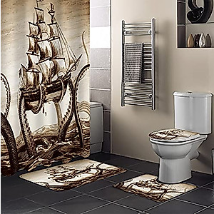 BestLives 4 Pcs Shower Curtain Sets with Rugs Pirate Boat Non-Slip Soft Toilet Lid Cover for Bathroom Ocean Animal Kraken Octopus Bathroom Sets with Bath Mat and 12 Hooks