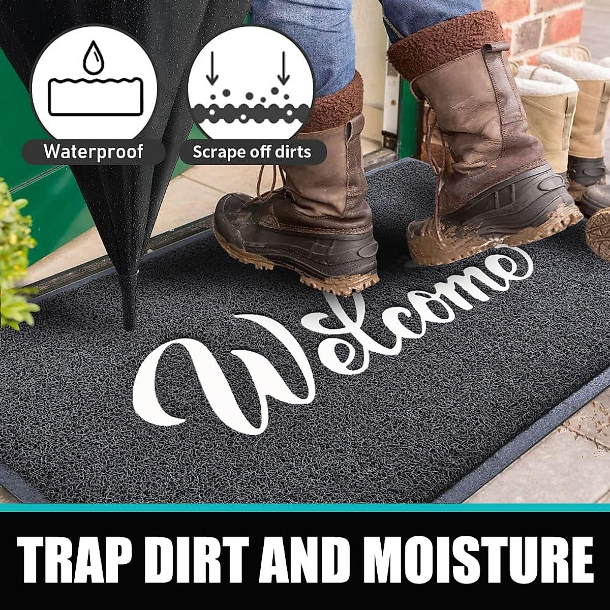 T.HENV Welcome Mat Outdoor, 2 Pack 32x20 Waterproof All-Season Front Door Mat Outside Entrance, All-Weather Quick Drying, Low Profile Doormat Indoor, Patio Porch Entryway Mat, Black-White