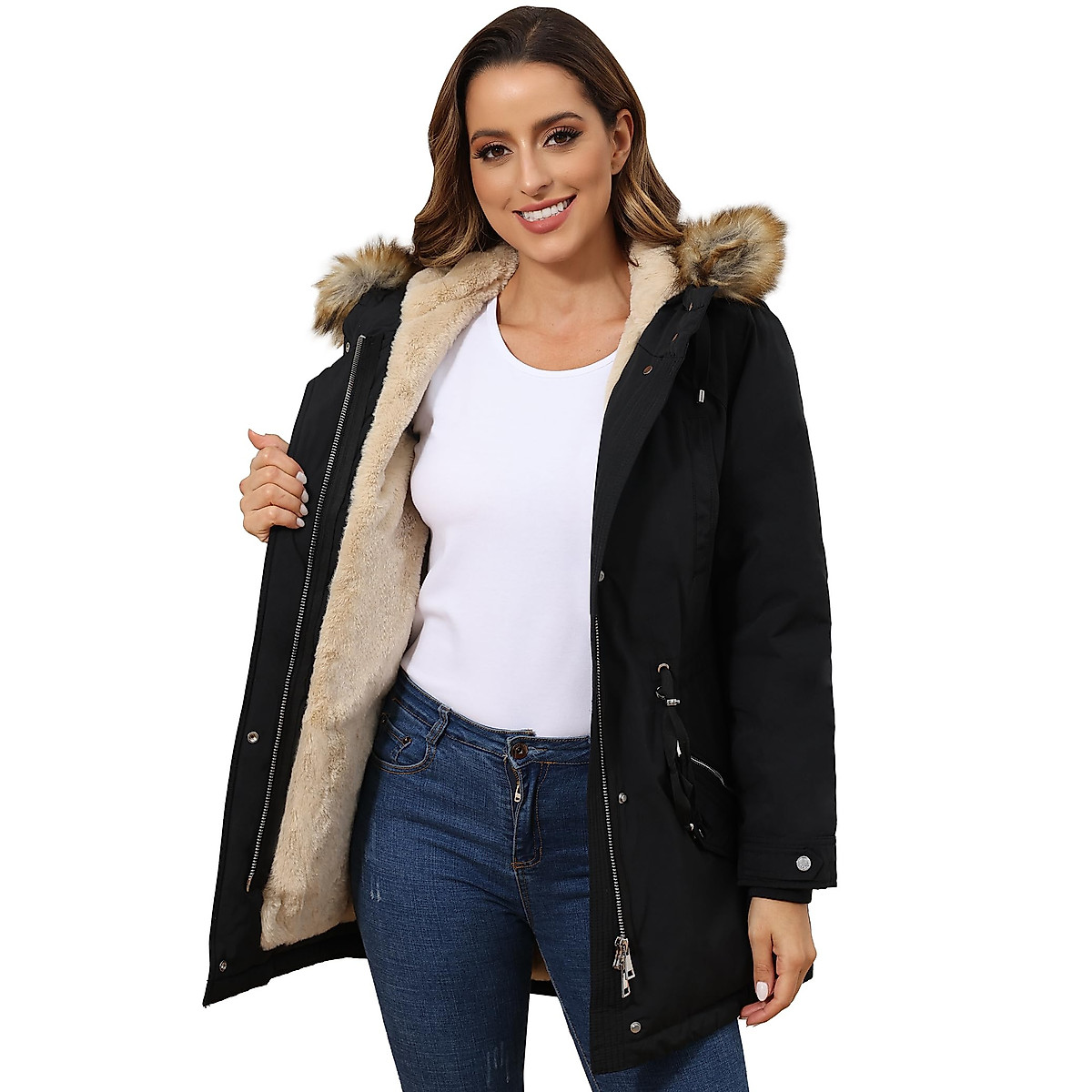 ROYAL MATRIX Women's Winter Coats Fleece Lined Parka Jacket Hooded Long Winter Warm Parka Coat with Pockets Black,8