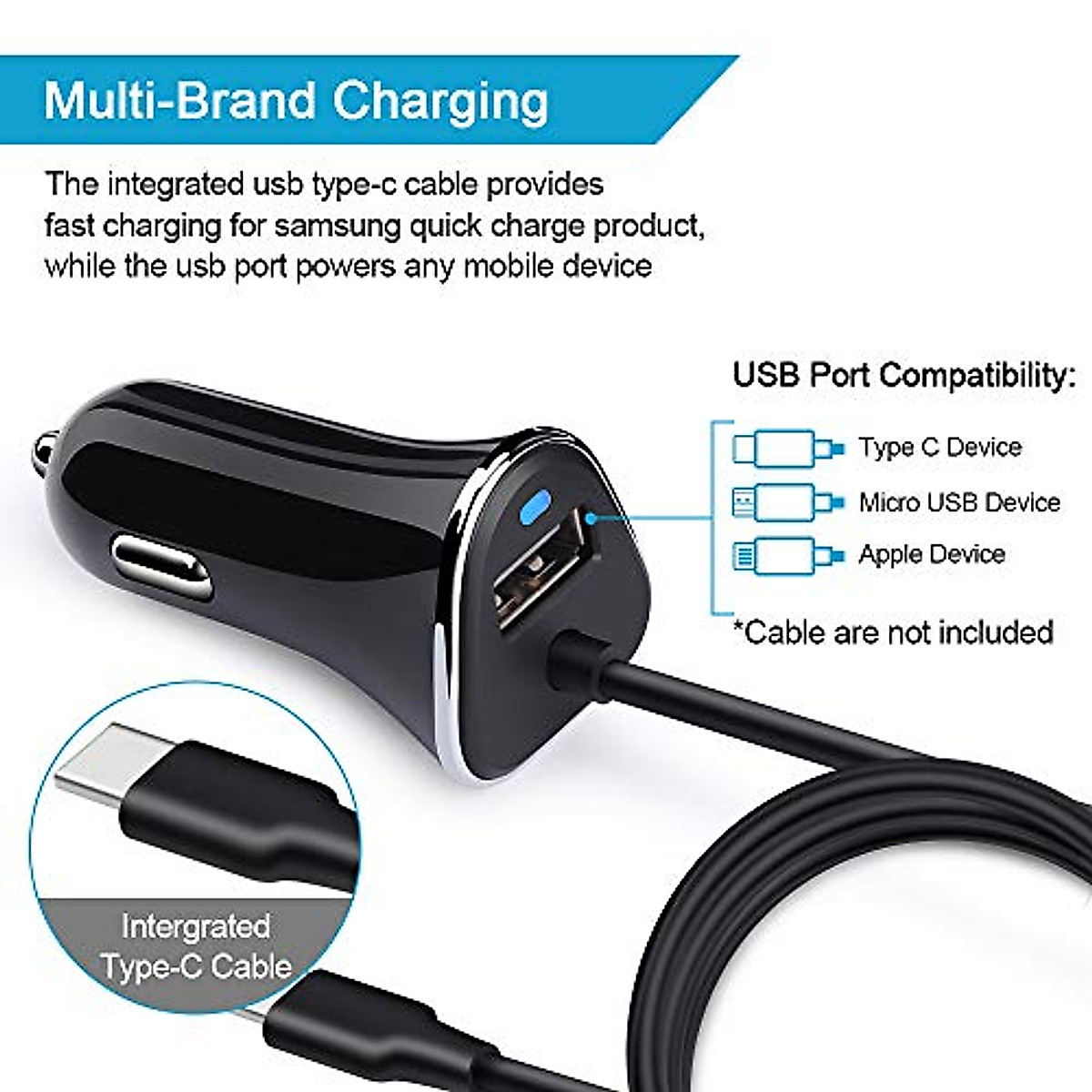 USB Type C Car Charger,Quick Charge 3.4A USB Car Adapter with 3ft Type C Charging Cable for Samsung Galaxy S23 Ultra S22 S21 S20 A10e A20 A50 A51 A52 A70 S10 S9 S8 Plus,Note 20/10,LG G8 G7 V40 V35 V60