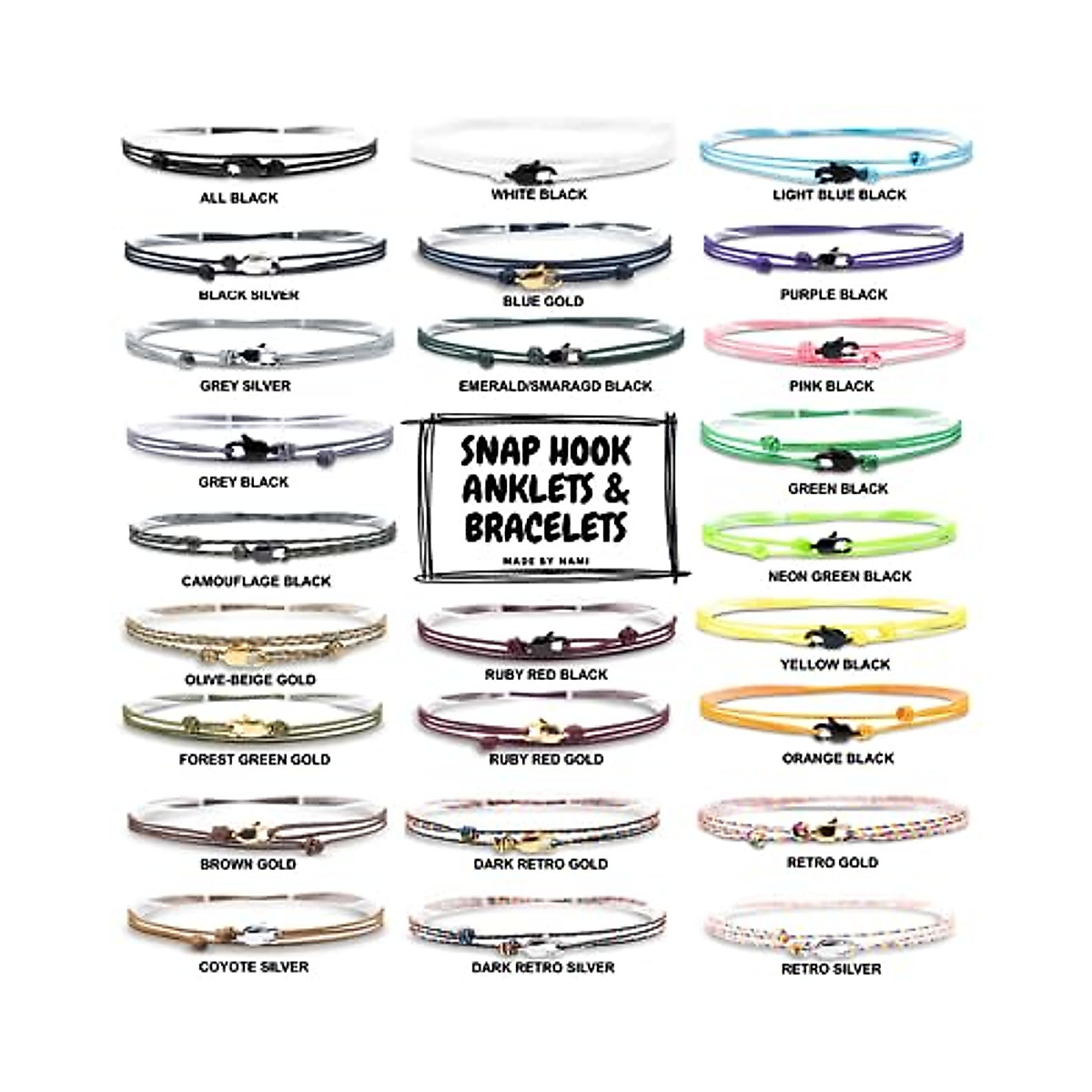 Adjustable Wrap Surfer Bracelet Women & Men - Thin String Bracelet with Snap Hook - Nautical Maritime Beach Jewelry - Handmade & Waterproof - Birthday Gift for Him (Black Black)