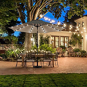 Yaheetech 9FT LED Garden Table Umbrella with Base Outdoor Solar Powered Market Umbrella with 8 Sturdy Ribs, Heavy Duty Umbrella Stand Included, Tan