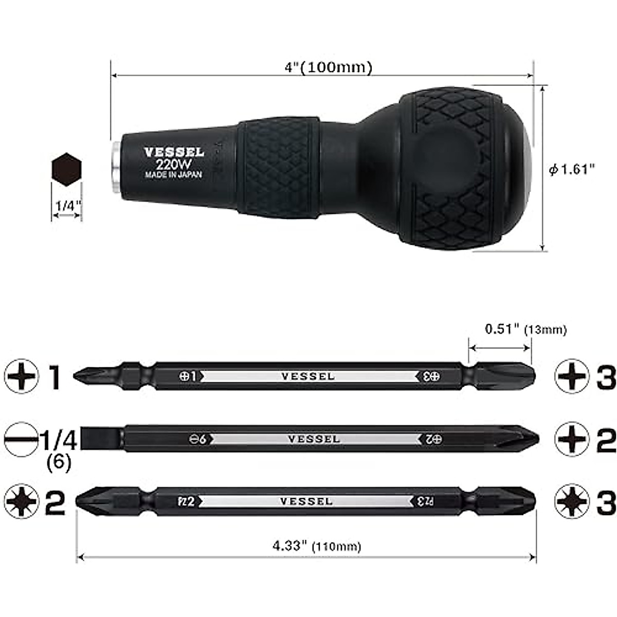 VESSEL Interchangeable Ball Grip Screwdriver Set with 1/4” Hex. Bit | Includes 3 Bits: +1, 3/+2, -6/PZ2, PZ3