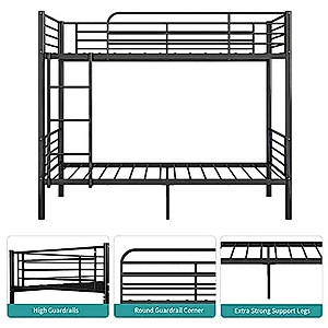 Metal Bunk Bed Twin Over Twin, Heavy Duty Bed Frames with Safety Guard Rails, Metal Slats for Kids, Teens, Adults, No Box Spring Needed Black