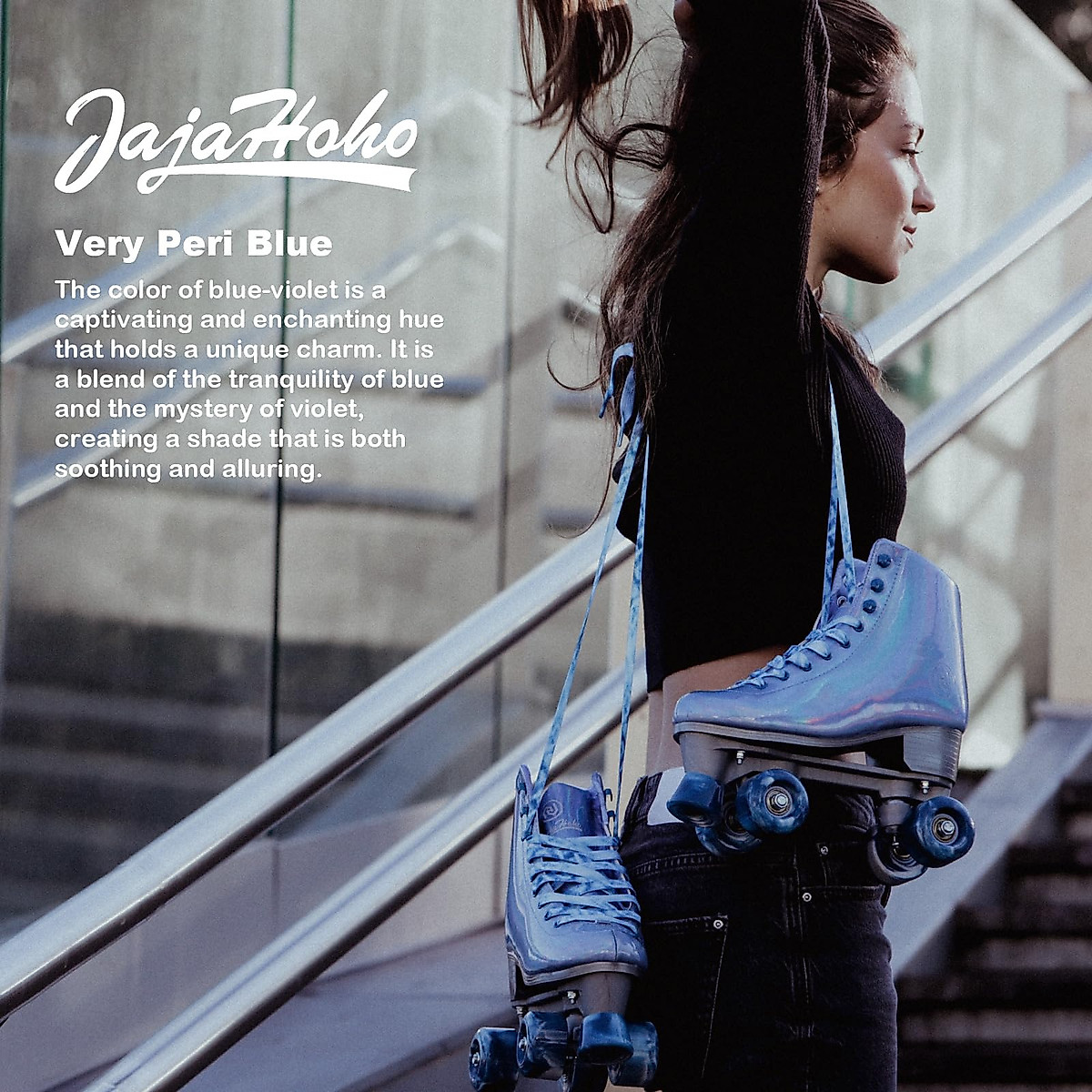 JajaHoho Roller Skates for Women, Shiny Holographic High Top Rollerskates, Mixture Color Double-Row Four Colour Frozen Wheels Quad Skates for Girls Age 8-51 Indoor Outdoor (Very Peri Blue, Size 8)