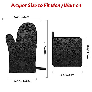 Gothic Skull Flower Black 4pcs Oven Mitts and Pot Holders Sets,Heat Resistant Non Slip Kitchen Gloves Hot Pads with Inner Cotton Layer for Cooking BBQ Baking Grilling