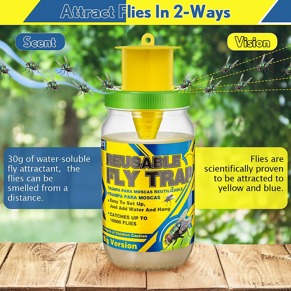 Qualirey 6 Pack Outdoor Hanging Fly Trap Bottles, Reusable Fly Killer Trap Catcher with Bait Refill for Outside Farms, Pastures, Chicken Coops, Stables, Barns, Garbage Cans, Yard, Backyard, Patio