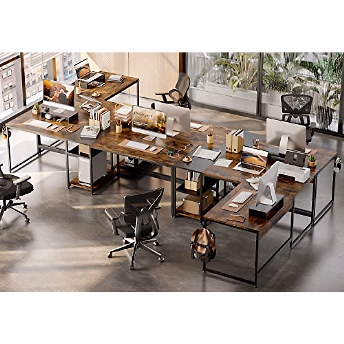 Bestier Industrial L Shaped Desk with Shelves 94.5 Inch Reversible Corner Computer Desk or 2 Person Long Table Office Writing Study Workstation with Monitor Stand and Headphone Hook, Rustic Brown