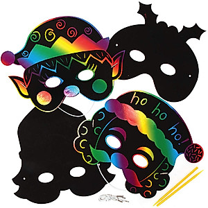 Baker Ross AX561 Christmas Scratch Art Masks for Dress Up Play - Pack of 8, Magic Scratch Art and Craft Kits for Kids Xmas Eve Activities