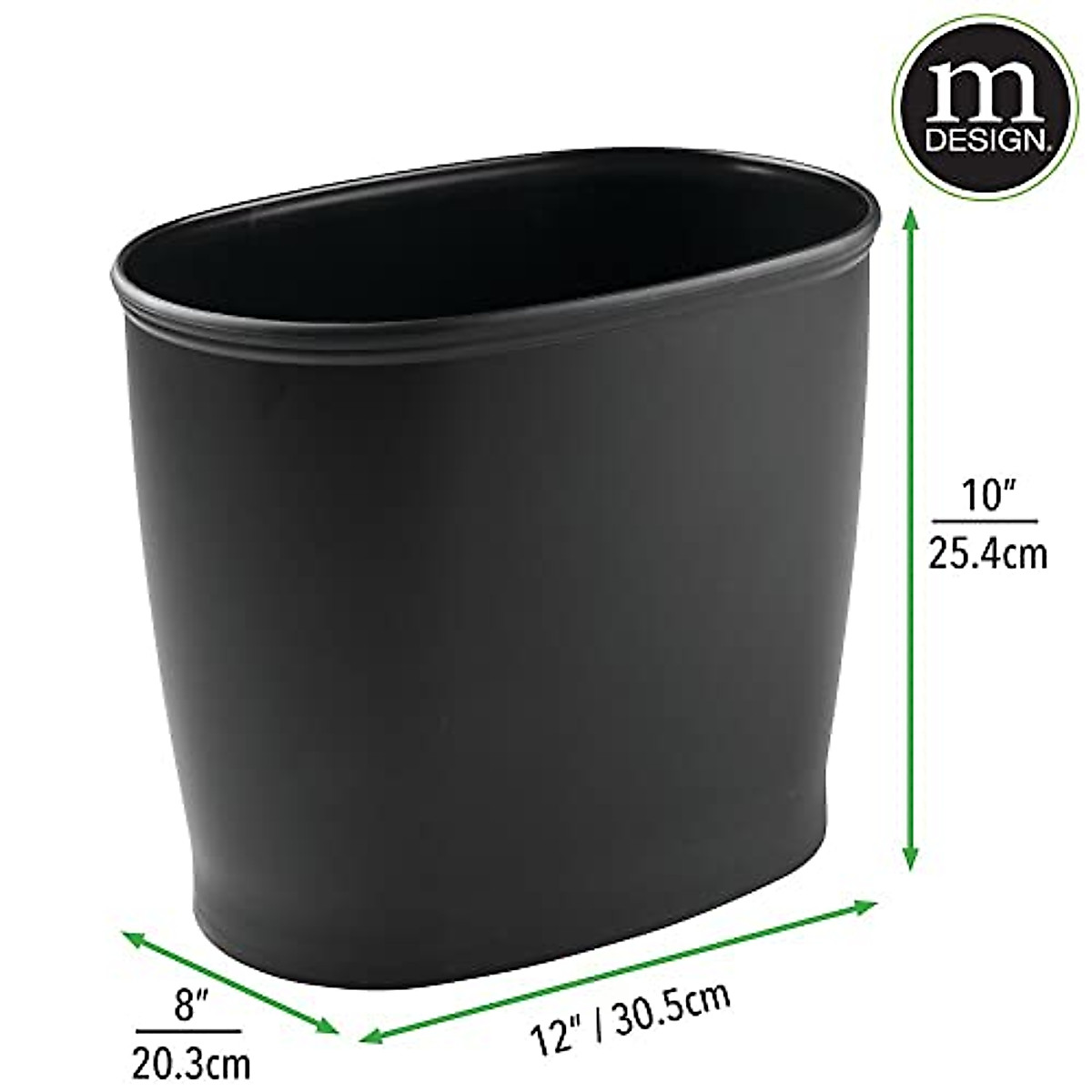 mDesign Plastic Oval Small 2.25 Gallon/8.5 Liter Trash Can Wastebasket, Garbage Container Bin for Bathroom, Kitchen, Office, Dorm - Holds Waste, Refuse, Recycling, Hyde Collection, 2 Pack, Black