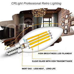 CRLight 3000K Dimmable LED Candelabra Bulb 4W Soft White, 40W Equivalent 400LM E12 LED Chandelier Bulbs, B11 Clear Glass Candle Torpedo Shape, 6 Pack