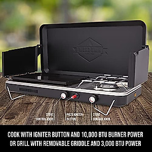 Hike Crew 2-in-1 Gas Camping Stove | Portable Propane Grill/Stove Burner w/Integrated Igniter & Stainless Steel Drip Tray | Built-in Carrying Handle, Foldable Legs & Wind Panels | Includes Regulator