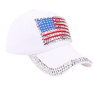 CRUOXIBB USA Bling Baseball Cap Sparkle American Flag Hat for Women Men Hip Hop Caps (White Cap a)