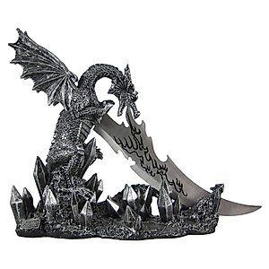 Wicked Fire Dragon Fantasy Letter Opener Knife Dagger and Holder Base,Polyresin