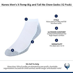 Hanes Men's, X-Temp Cushioned No Show Socks, 12-Pack, White, 12-14