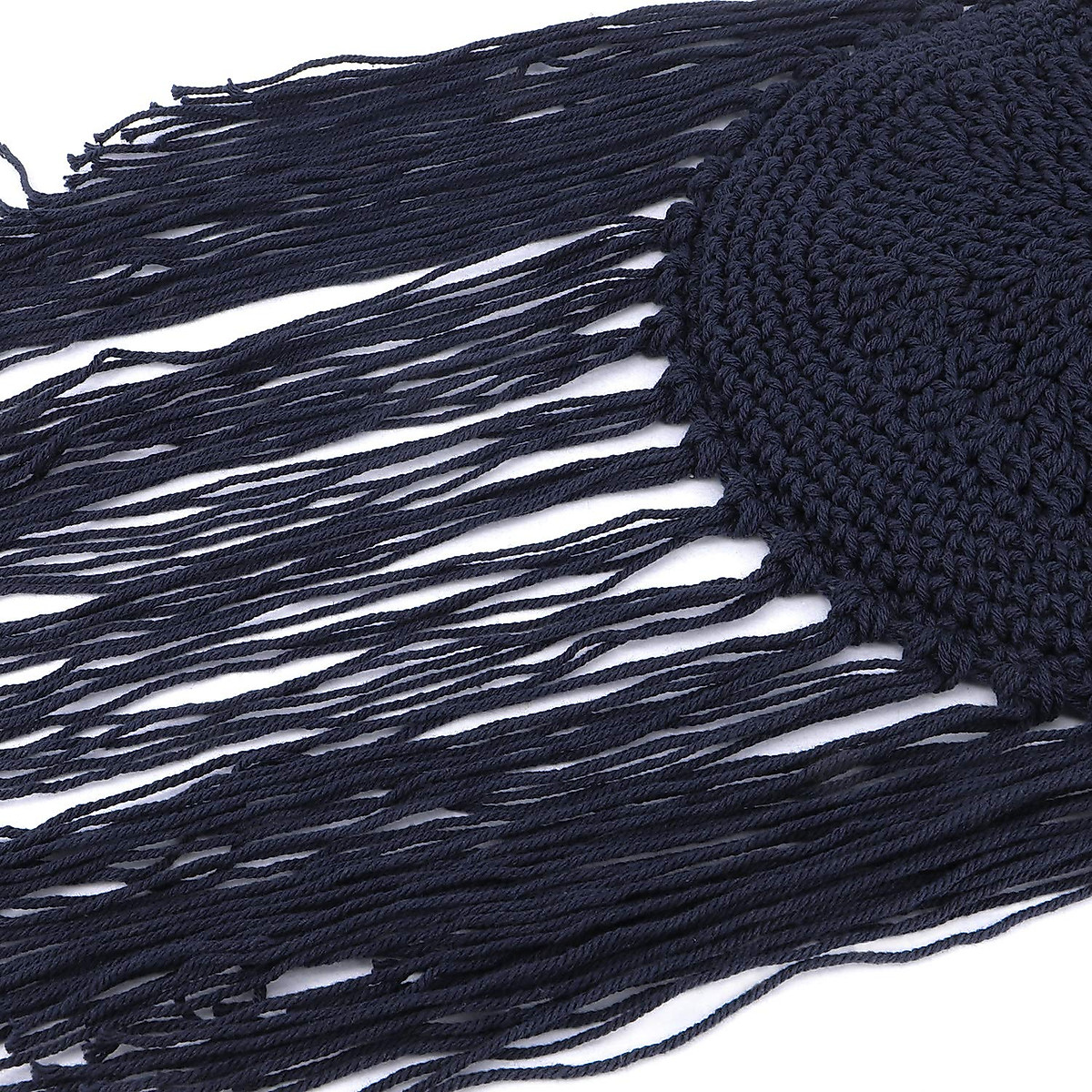 QTKJ Boho Long Cotton Tassels Crochet Flower Mini Crossbody Bag Handwoven Summer Beach Round Shoulder Bag with Zipper (Navy Blue)