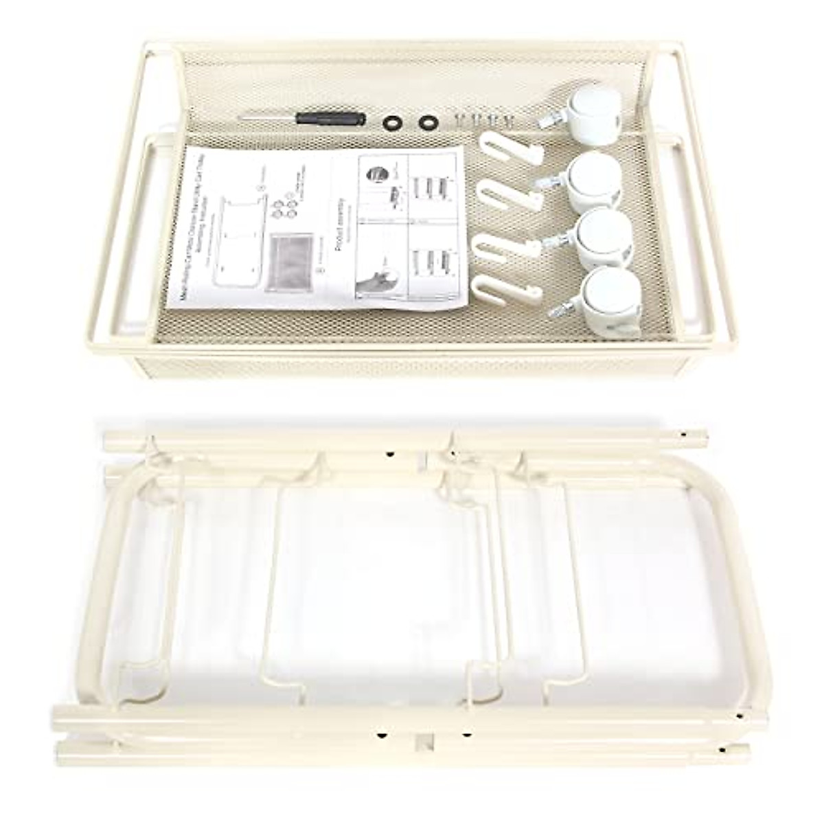 ruishetop Rolling Push Cart Stand Shelves, Storage Rack with Wheels with Mesh Wire Basket, Multifunction Metal Trolley Organizer for Home, Office, Bedroom, Bathroom, Kitchen (3-Tier Rack Beige)