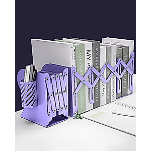 MSDADA Adjustable Bookends, Book Ends for Heavy Books, Expandable Book Organizer with Pen Holder for Desk, Shelf, Office, for 6 7 8 9-15 Boys and Girls, Extends up to 19 inches (Purple)
