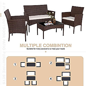 Shintenchi 4 Piece Outdoor Patio Furniture Sets, Small Wicker Patio Conversation Furniture Rattan Chair Set with Tempered Glass Coffee Table For Backyard Porch Garden Poolside Balcony, Brown