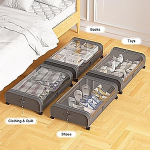 Jewem Under Bed Storage with Wheels, Under Bed Storage Containers, 2 Pack UnderBed Storage, 6.5 inch High Rolling Under Bed Shoe Storage with Lid, Small Space Organization and Storage for Clothes
