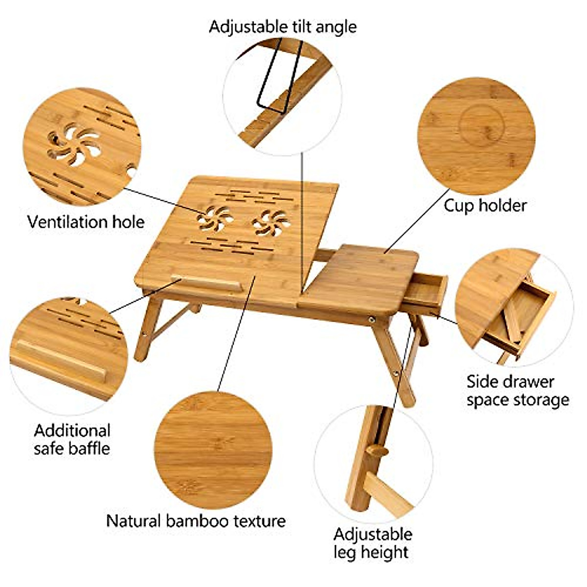 Bamboo Laptop Desk, Adjustable Portable Breakfast Serving Bed Tray with Tilting Top Drawer for Surfing Reading Writing Eating (Bamboo)