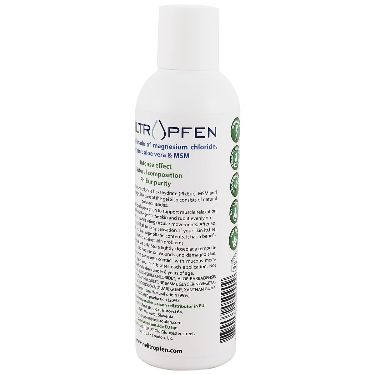 Magnesium Gel with Aloe Vera & MSM | 6.76 Oz - 200 ml | Pure Magnesium Chloride | Organic Aloe Vera | Heiltropfen®