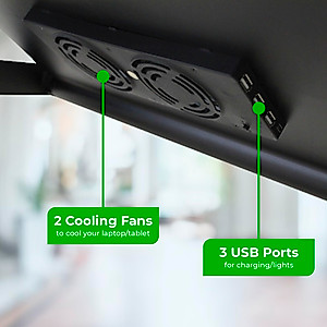 WorkEZ Executive Adjustable Laptop Stand with 2 Fans 3 USB Ports Ergonomic Aluminum Lap Desk for Bed Couch tray holder folding height tilt angle cooling cooler portable desktop riser black