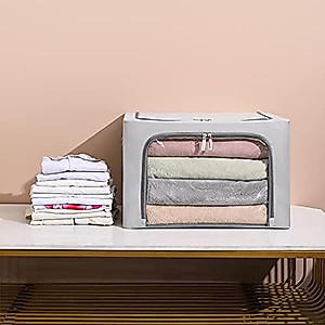 3Pack Frame Storage Box - Clothes Storage Bin Bags Oxford Fabric Foldable Stackable Container Organizer Set with Clear Window & Carry Handles Large Capacity (Grey, Large-66L)
