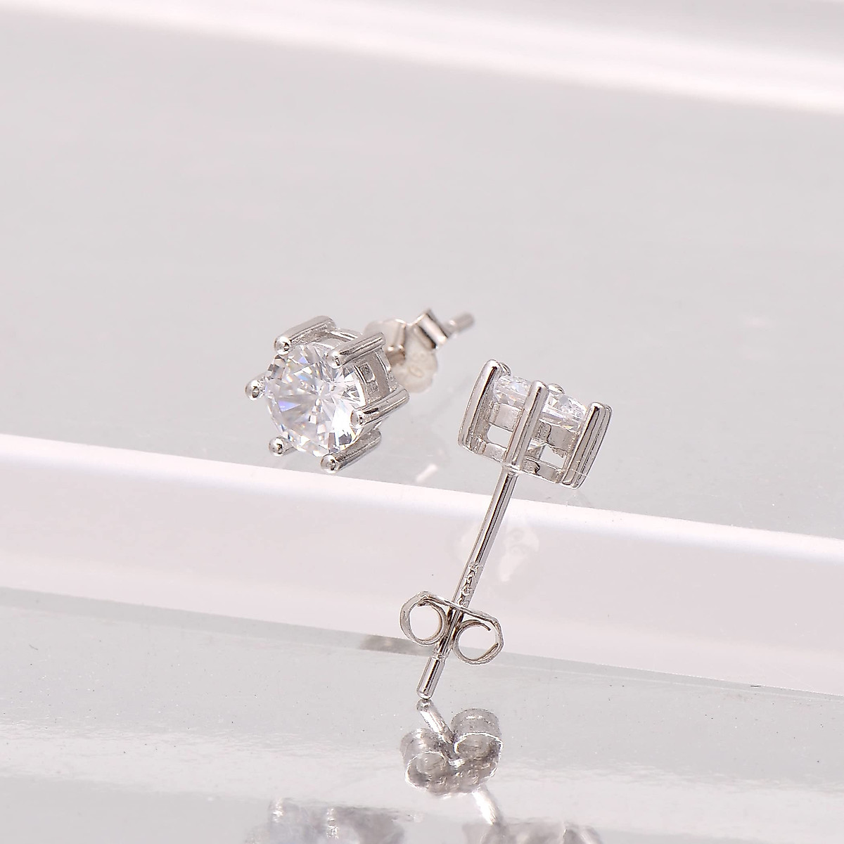White Gold Plated Sterling Silver Cubic Zirconia Carat Diamond Studs Earrings, Friction Backs