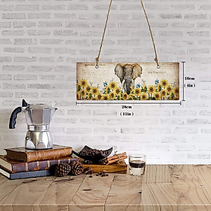 Wooden Signs 11" x 4", Retro Sunflower Sign Home Decor Wood Plaque Hanging Wall Art, Decorative Door Garden Sign with Rope, Wild Anima Elephant with Blooming Sunflowers