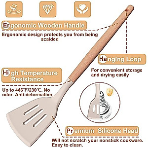 28 Pcs Silicone Cooking Utensils Kitchen Utensil Set - 446°F Heat Resistant, Turner Tongs, Spatula, Spoon, Brush, Whisk, Wooden Handle, Kitchen Gadgets with Holder for Nonstick Cookware (Khaki)