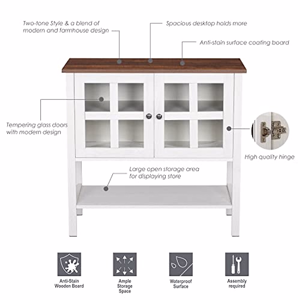 Spirich Home Sideboard Buffet Cabinet, Kitchen Storage Cabinet with 2 Glass Doors and Adjustable Shelf, Wood Cupboard Console Table for Dining Room White