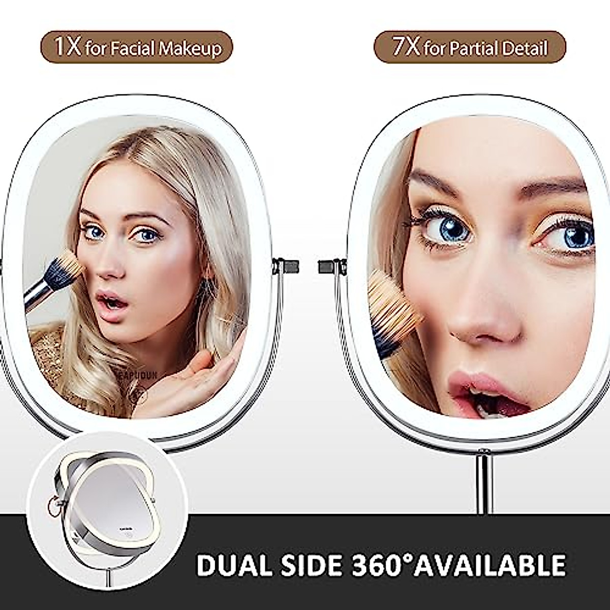 EAPUDUN 9" Makeup Mirror with Lights, 84 Premium LED Beads Lighted Rechargeable Makeup Mirror with 3 Colors Modes Brightness Adjustable, 1X/7X Magnifying Mirror with 360° Rotation - Chrome