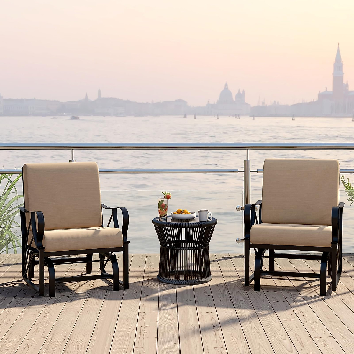 Tangkula Outdoor Patio Glider, Metal Framed Gliding Chair with Cushion, Ergonomic Single-Person Outdoor Patio Chair with Curved Armrest, Smooth Rocking Arms for Porch, Patio (2)