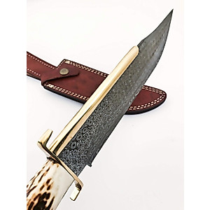 NoonKnives: 15.5" Hand Made Damascus Steel Collectible TEXAS Bowie Knife Handle Brass clip with stag horn