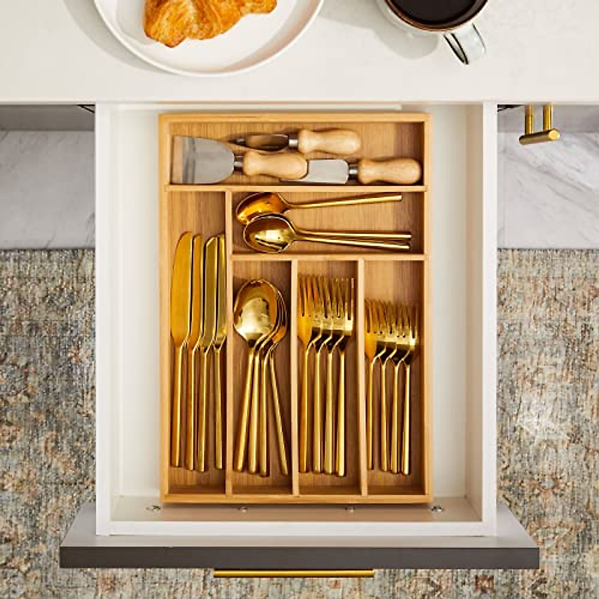 Juvale Narrow Bamboo Silverware Drawer Organizer, Wooden Cutlery Tray Holder for Kitchen, Flatware & Utensil Storage with 6 Slots, 14.5 x 10.25 x 1.75 Inches