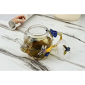 Safe Durable Floral Glass Teapot with Gold Leaves Edge Colourful Flower Pattern Floral Vintage Teapot Tea Party Set (Blue)