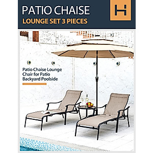 HAPPATIO Patio Chaise Lounge 3 Pieces,Patio Lounge Chair with Glass Coffee Table,Pool Lounge Chair with Breathable Textilene Fabric for Patio Backyard Poolside (Brown)