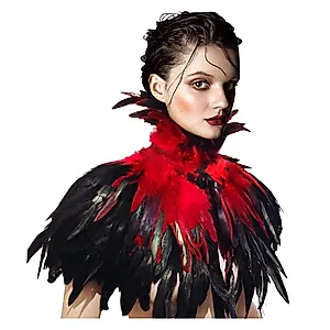 L'VOW Black Gothic Victorian Natural Feather Cape Shawl Stole Poncho with Choker Feather Collar Halloween Cosplay(Red)