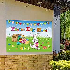 Easter Party Decorations Large Fabric Easter Egg Bunny Hunt Background Banner and Chick Sign Easter Hunt Game Banner Poster Photo Booth Backdrop with Rope for Spring Easter Party Supplies 7 x 5 ft