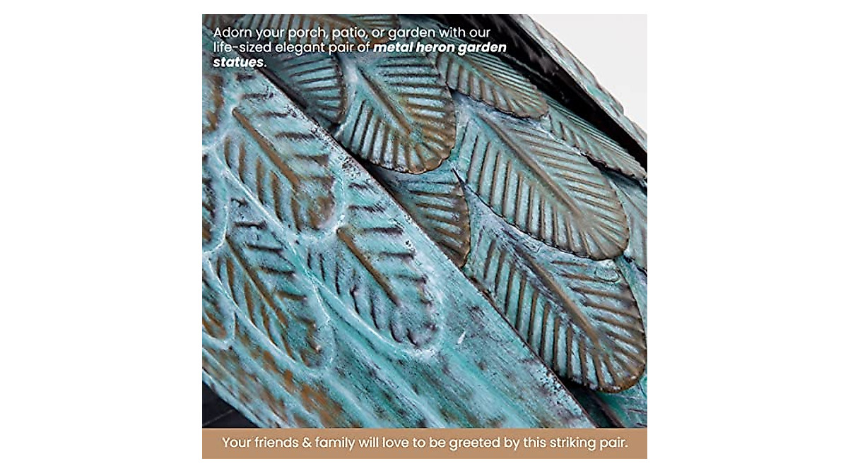 Elegant 34-inch Verdigris Metal Heron Garden Statues – Set of 2