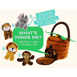 Jungle Animals Talking Plush Baby Toy – 5 Piece Small Stuffed Animals Set Including Jungle House Carrier and Stuffed Monkey, Lion, Tiger & Elephant – These Mini Toys are Ideal for Boys and Girls