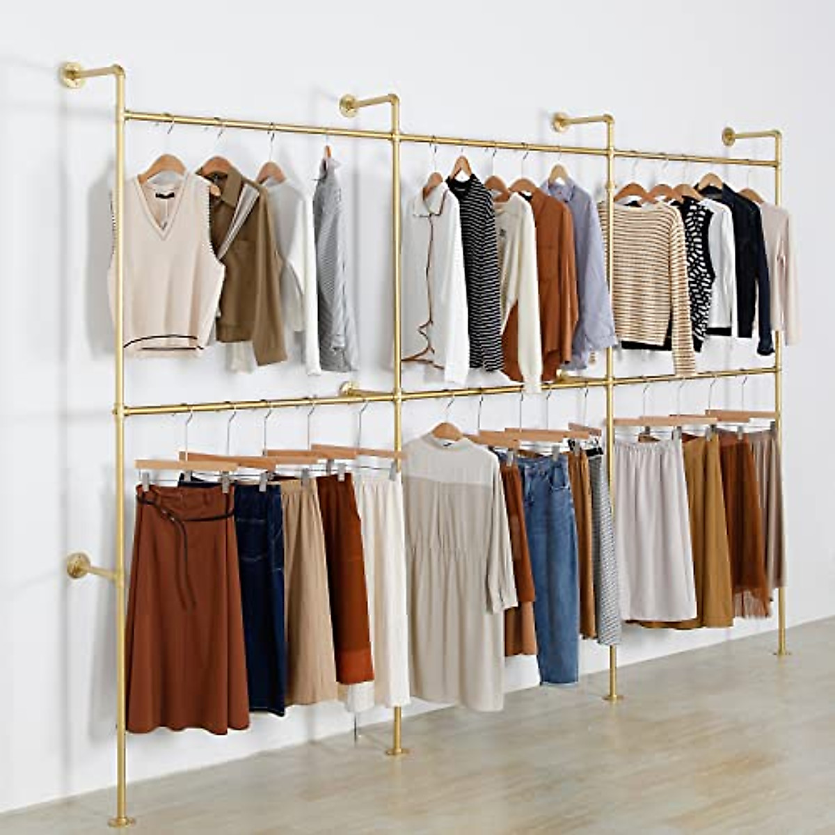 ZGZR Wall Mounted Industrial Pipe Clothing Garment Racks, Metal Clothing Store Display Stands Clothes Rack Multi-purpose Heavy Duty Hanging Rod for Closet Storage, 134in Gold