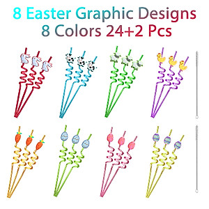 24 Easter Party Favors Easter Eggs Bunny Carrot Chicken Cow Sheep Drinking Straws for Kids Easter Gifts,Easter Party Supplies Decorations with 2 PCS Straws Cleaning Brush